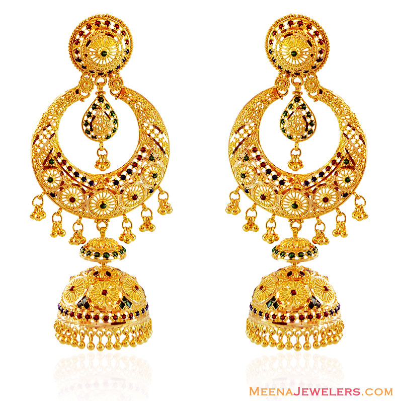 22K Chand bali with Jhumki and Meenakari - ErEx16092 - 22K Gold Long ...