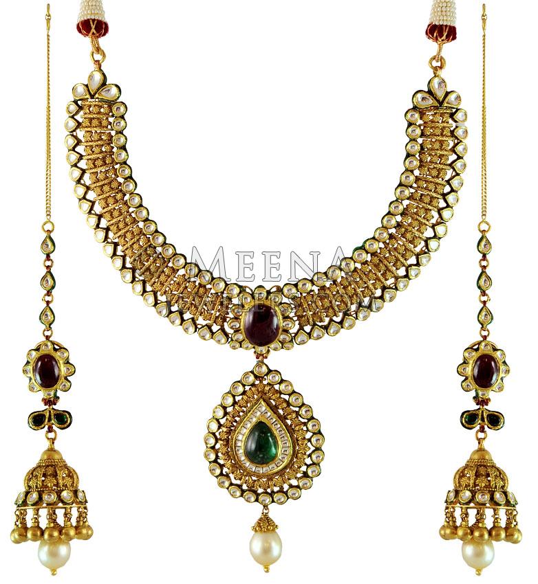 22K Gold Bridal Antique Set - StBr17492 - 22K Gold Bridal Necklace set ...
