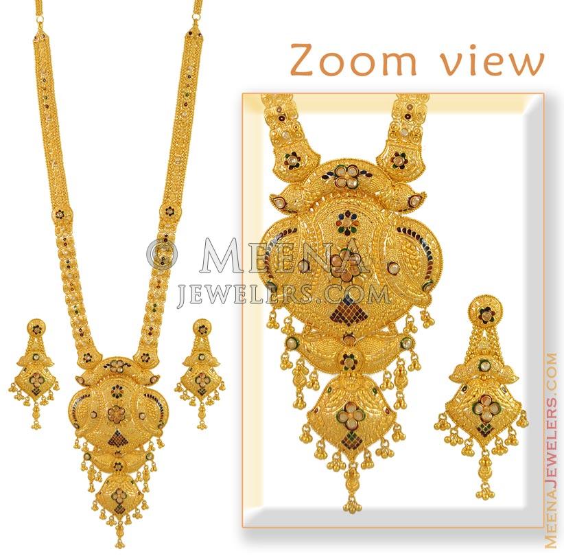 22K Bridal Necklace, Earrings Set - StBr9628 - 22k Gold indian bridal (patta) necklace set with ...