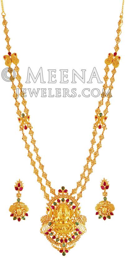 22K Gold Long Temple Jewelry Set - StGd17583 - 22K Gold Temple Necklace ...
