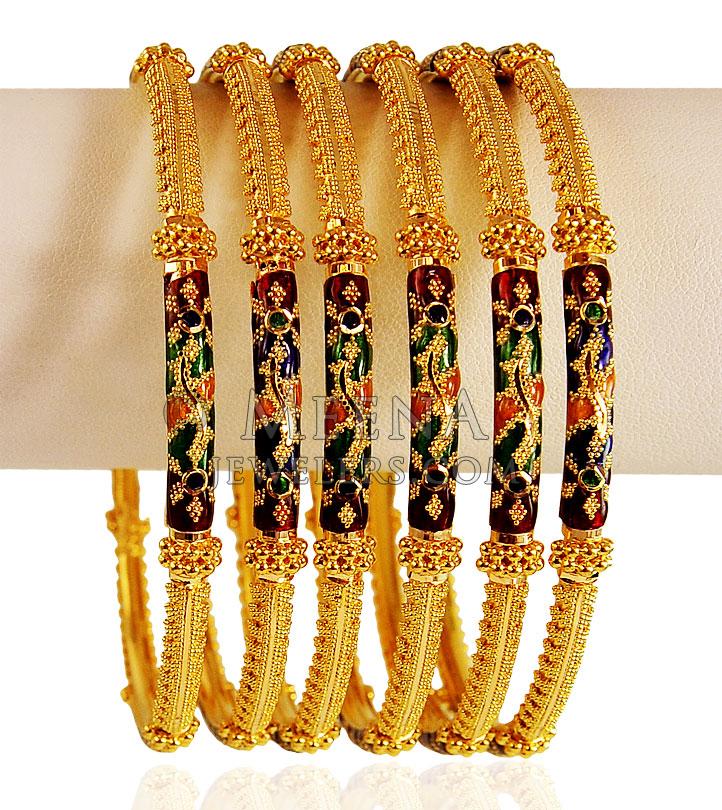 22 K Gold Meena Bangles 6 PCs - BaSt20961 - 22k Gold bangle set (Set of ...