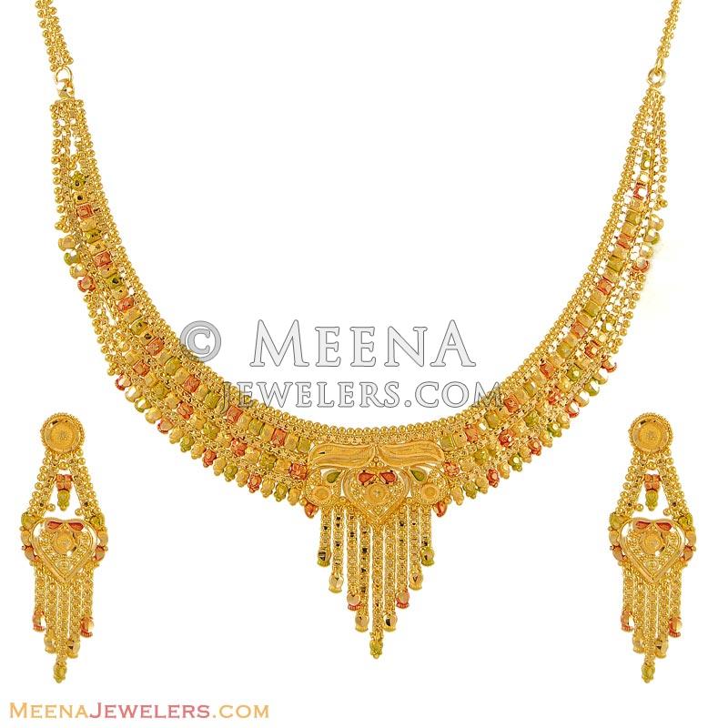 22k Necklace Set (Tricolor) - StGo8772 - 22k gold necklace and earring ...