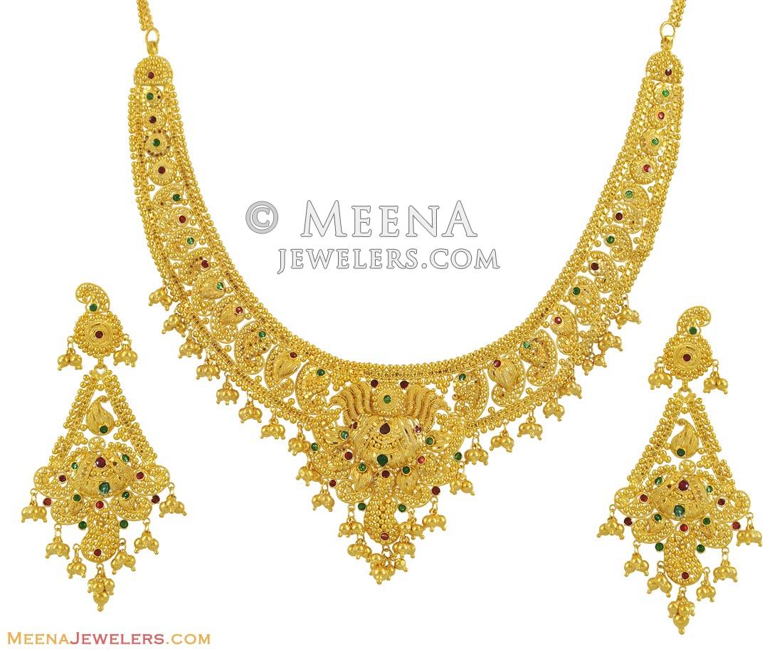 22K Yellow Gold Necklace Set - StGd10500 - 22K gold necklace set is ...