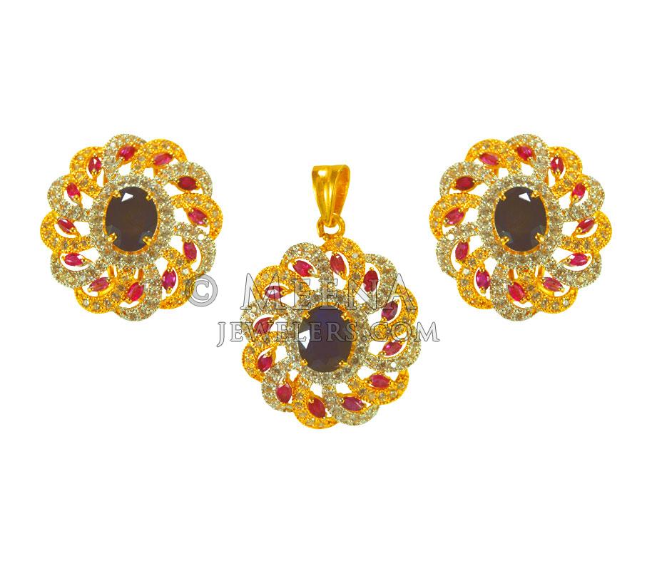 22k Gold Fancy Pendant Set - PsPS24133 - 22k Gold Pendant & Earrings ...
