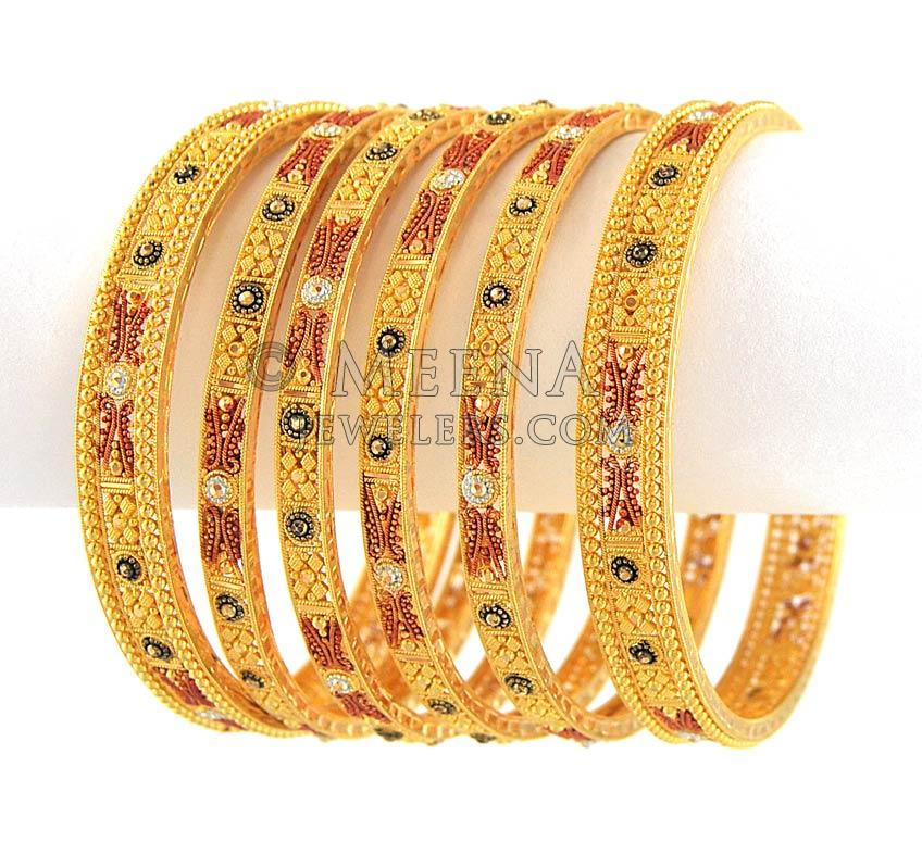 3 Tone Gold Bangle (set of 6) - BaSt3990 - 22Kt Gold Bangles (Set of 6 ...