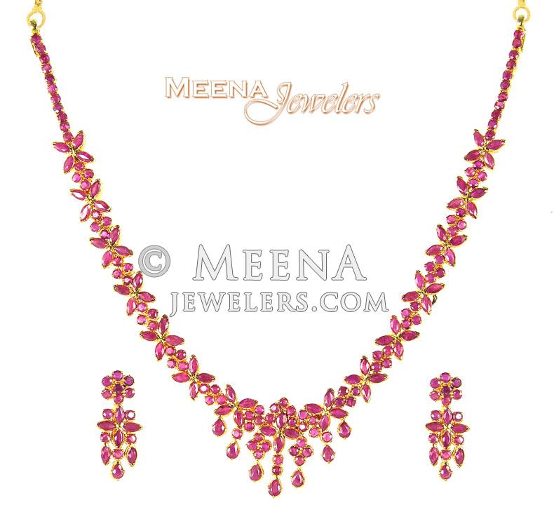 22K Gold Ruby Necklace Set - PsRu2671 - 22K Gold Ruby Necklace and ...